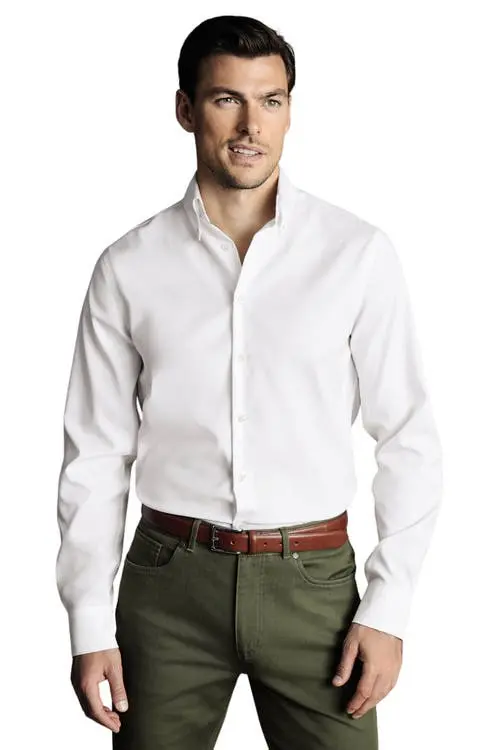 CHARLES TYRWHITT Non-iron Button-down Oxford Slim Fit Shirt Single Cuff - White