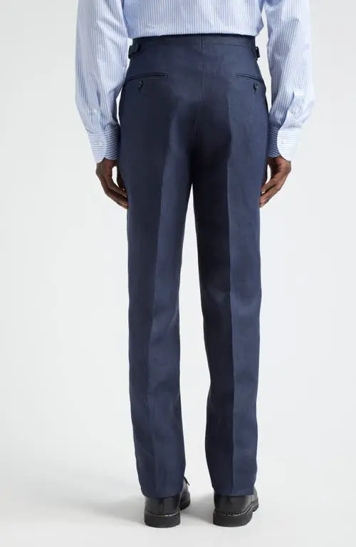 Thom Sweeney Tailored Pleated Linen Trousers - Navy