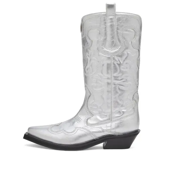 Ganni Mid-Shaft Embroidered Western Boots Silver 50% Off