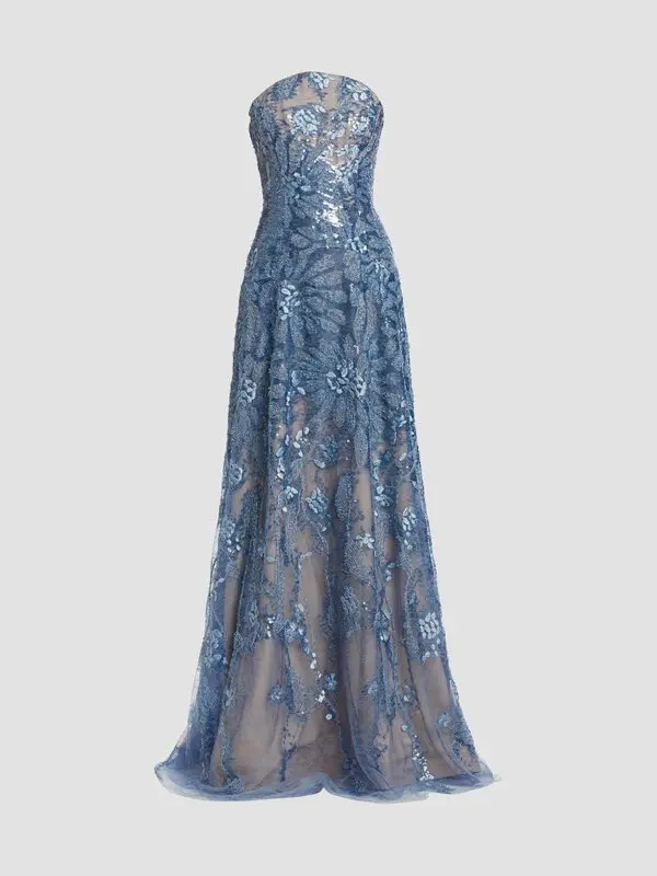 Rene Ruiz Collection Floral Beaded Strapless A-line Gown - Blue