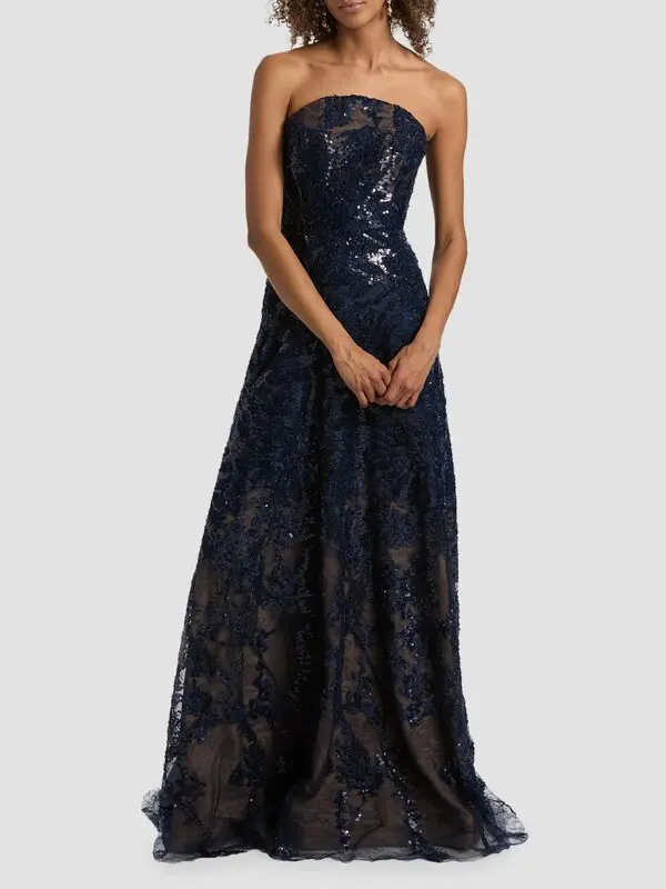 Rene Ruiz Collection Floral Beaded Strapless A-line Gown
