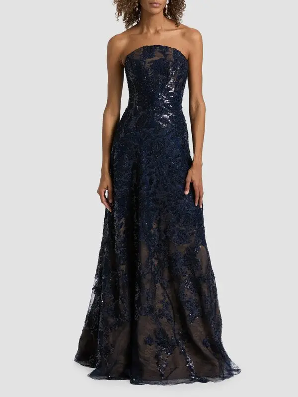 Rene Ruiz Collection Floral Beaded Strapless A-line Gown