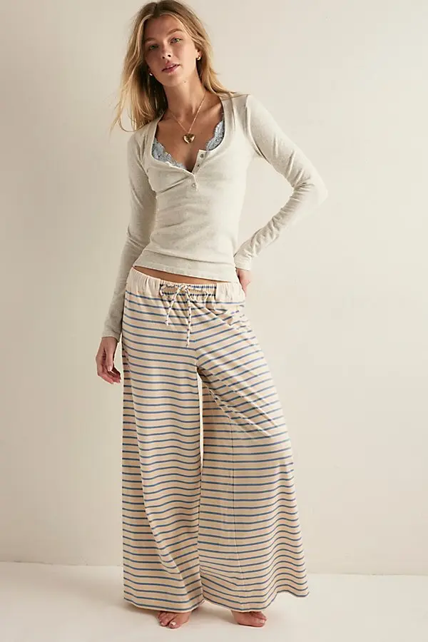 Free People Intimately Out And About Lounge Pants - Beige Blue Combo