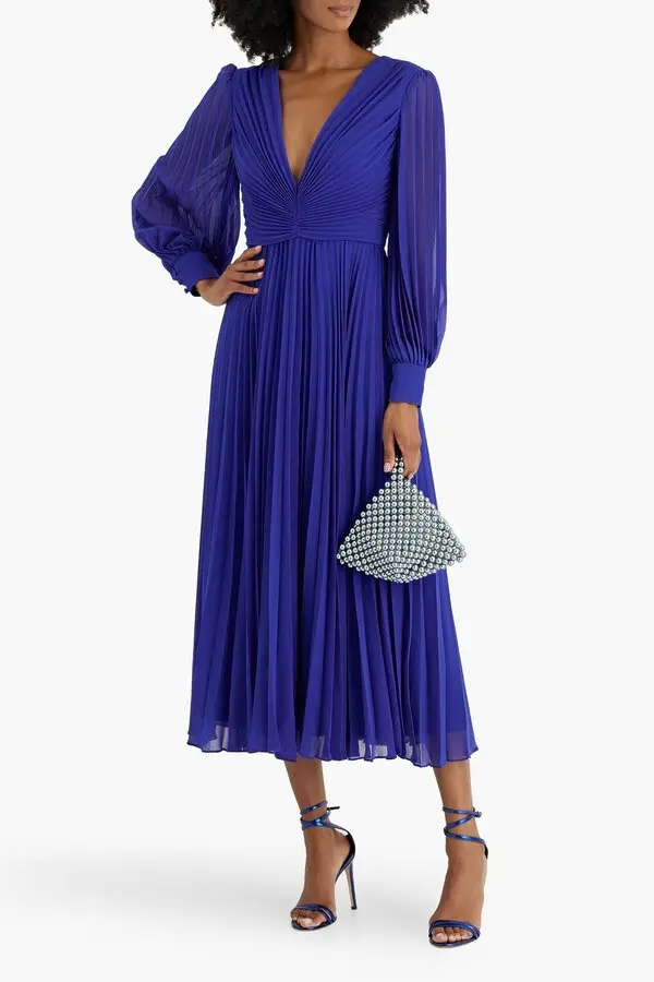 Badgley Mischka Pleated Georgette Dress with Bishop Sleeves - Blue - 4