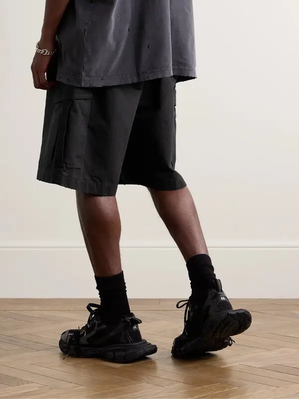 Balenciaga Wide-leg Distressed Cotton-ripstop Cargo Shorts - Black