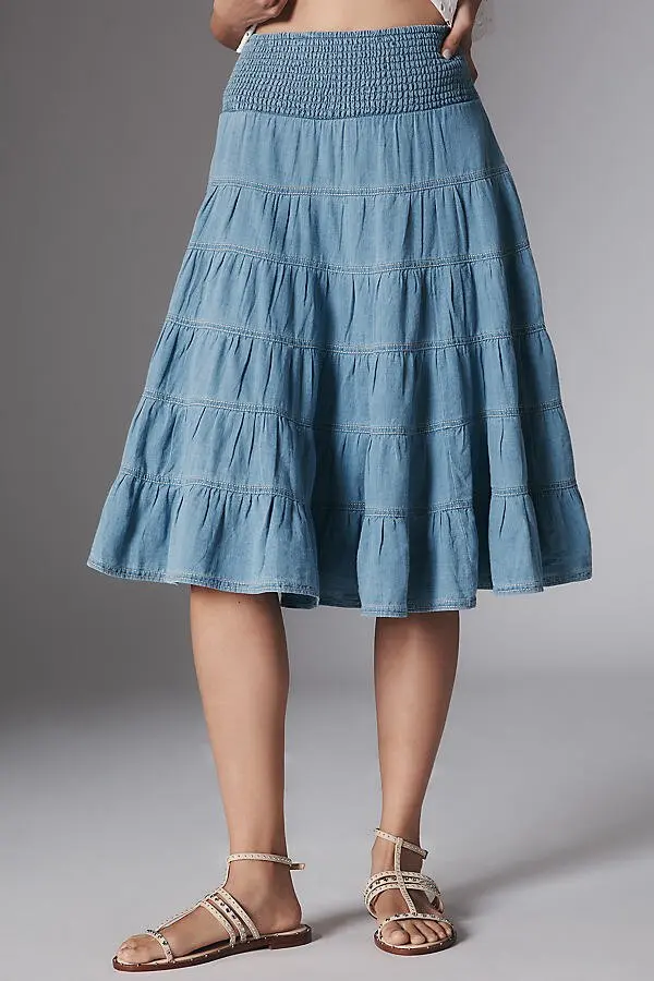 PILCRO The Reese Smocked Denim Midi Skirt - Denim Light