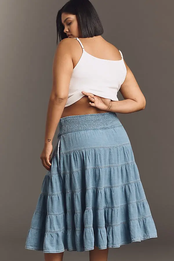 PILCRO The Reese Smocked Denim Midi Skirt - Denim Light