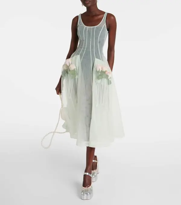 Simone Rocha Floral-Appliqué Tulle Midi Dress In Green - 30% Off