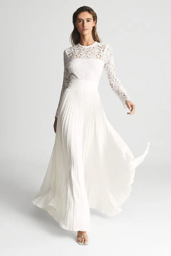 Reiss Hazel Lace Top Pleated Dress In White - 40% Off | Editorialist