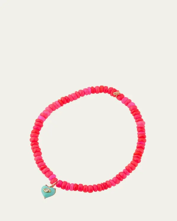 SYDNEY EVAN 14k Yellow Gold Small Carved Diamond Marquise Bezel Turquoise Heart Charm On Hot Beaded Bracelet - Pink Opal