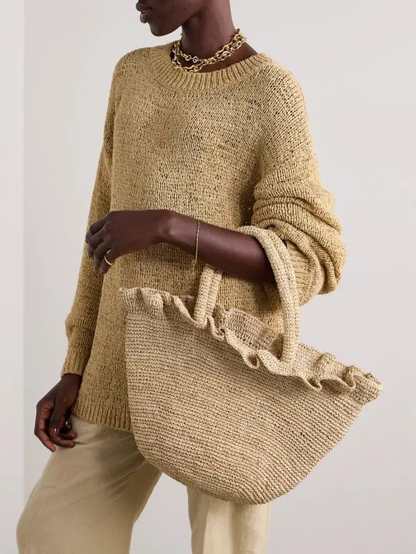 LOEFFLER RANDALL Cyris Ruffled Crocheted Raffia Tote - Neutrals
