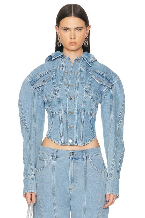 MUGLER Corset Button Up Jacket In Denim-light