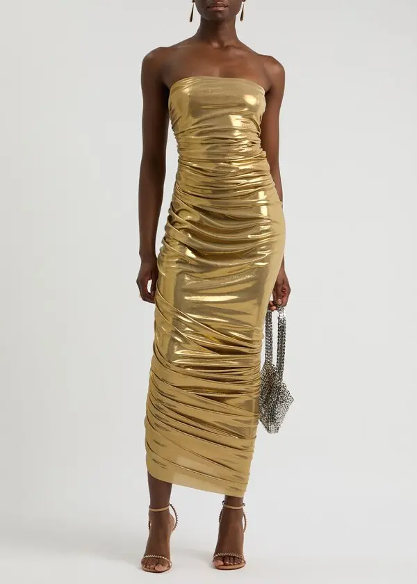 diana ruched maxi dress Norma Kamali Diana Ruched Metallic Stretch-Jersey Maxi Dress In Metallic  Gold - 50% Off