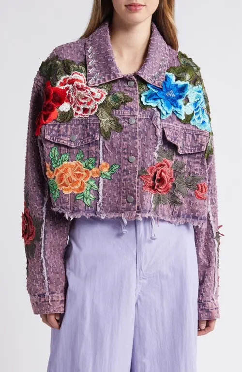 NIKKI LUND Bloom Floral Appliqué Denim Trucker Jacket