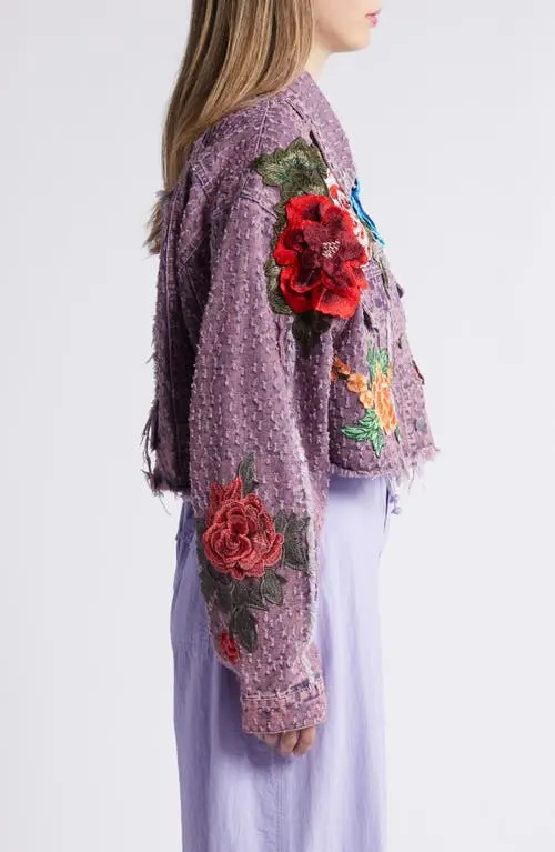 NIKKI LUND Bloom Floral Appliqué Denim Trucker Jacket
