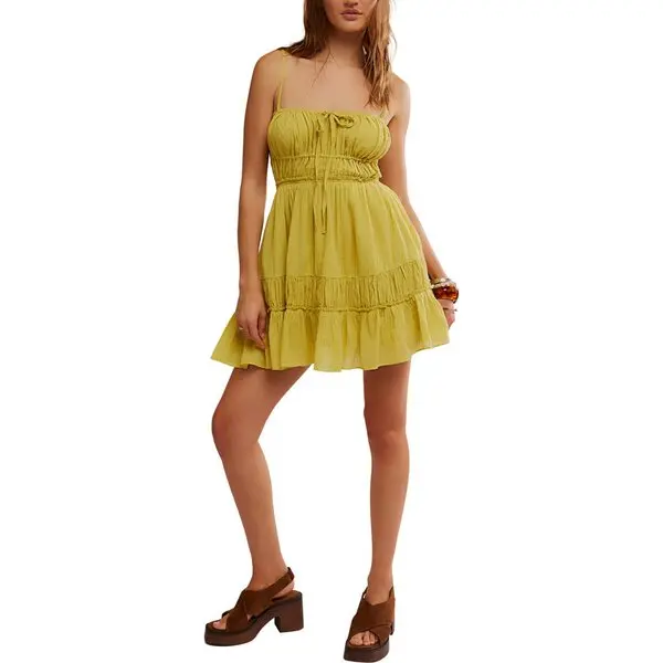Free People Taking Sides Shirred Tiered Cotton Minidress - Silent Lime