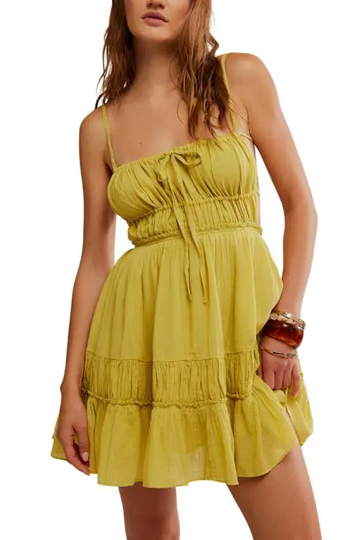 Free People Taking Sides Shirred Tiered Cotton Minidress - Silent Lime