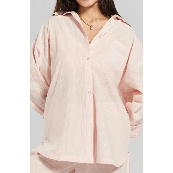 PEACHAUS Yew Striped Ethical-cotton Pajama Shirt - Dawnlight Coral