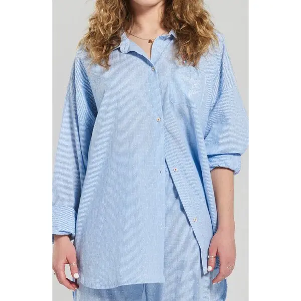 PEACHAUS Yew Striped Ethical-cotton Pajama Shirt - Mountain Blue