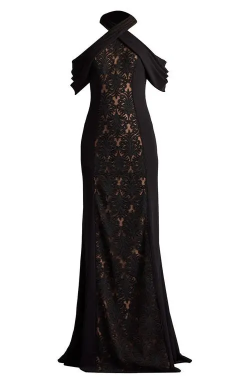 see through lace dress for women BLACK SHEER LACE SILK DRESS WITH CUT-OUT TOP | CULT MIA main image 1
