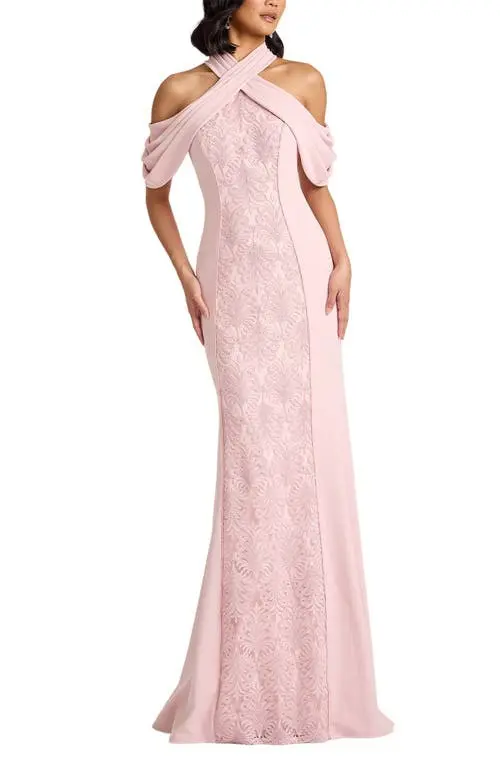 Tadashi Shoji Lace Inset Cold-shoulder Gown - Rose Quartz