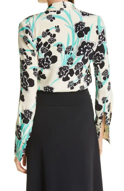 St. John Floral Print Tie-neck Silk Blouse