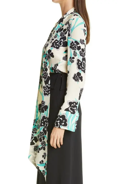 St. John Floral Print Tie-neck Silk Blouse