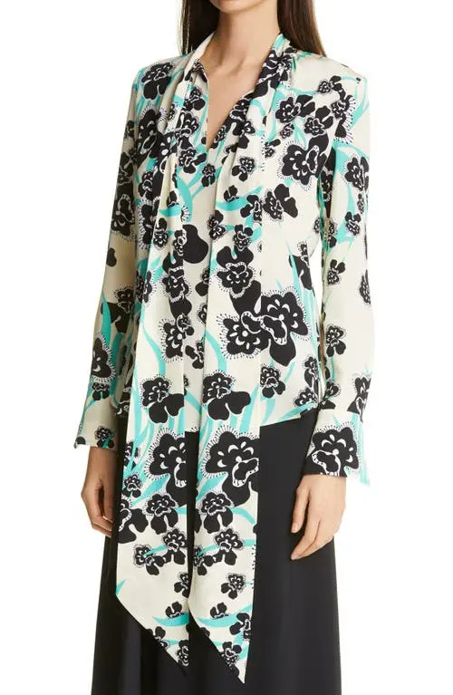 St. John Floral Print Tie-neck Silk Blouse