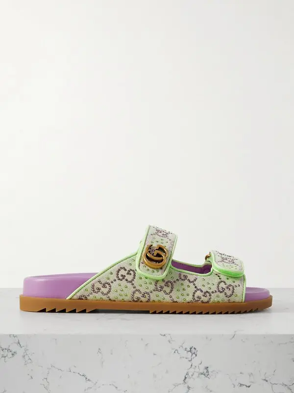 Gucci Moritz Embellished Canvas-Jacquard Slides - Purple