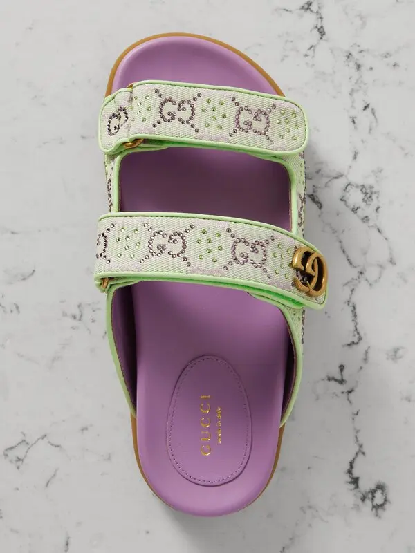 Gucci Moritz Embellished Canvas-Jacquard Slides - Purple