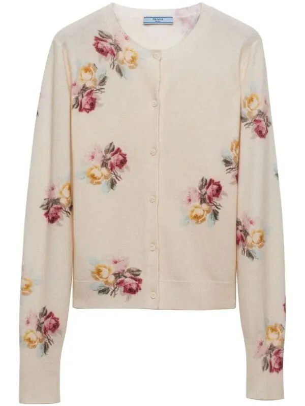Prada Floral-print Wool Cardigan - Neutrals