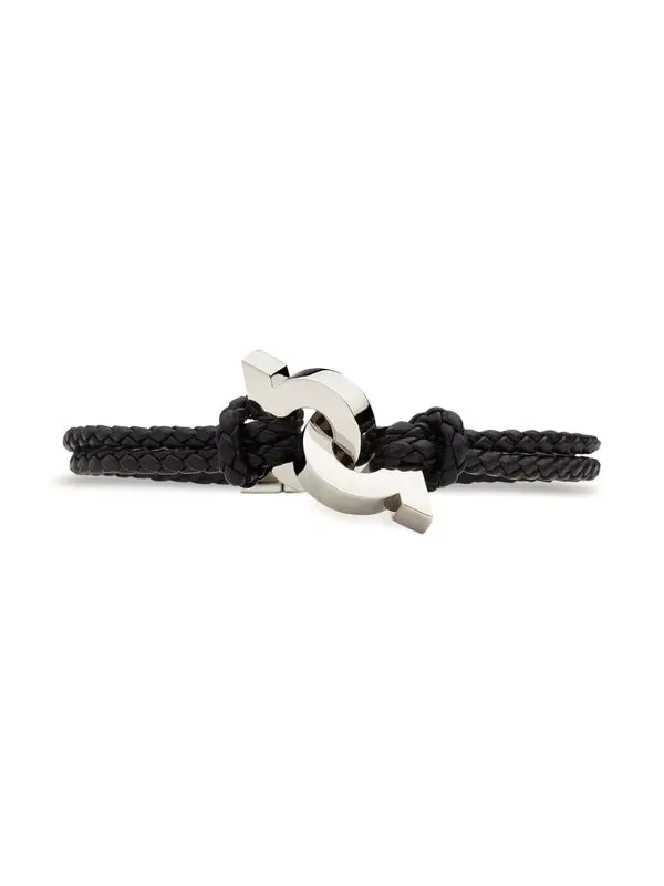 FERRAGAMO Gancini Braided Leather Bracelet - Black