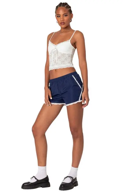 EDIKTED Kallie Lace Trim Track Shorts