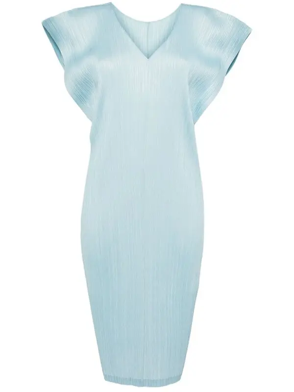 Issey Miyake V-neck Plissé Midi Dress - Blue | Editorialist