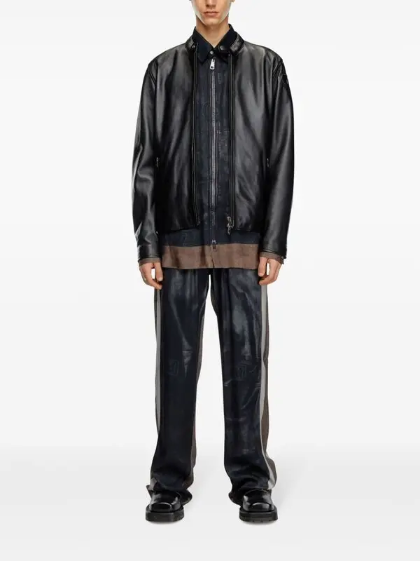 DIESEL® Sheepskin Leather Jacket With Logo Patch - Black