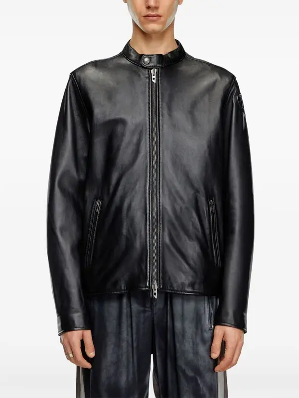 DIESEL® Sheepskin Leather Jacket With Logo Patch - Black