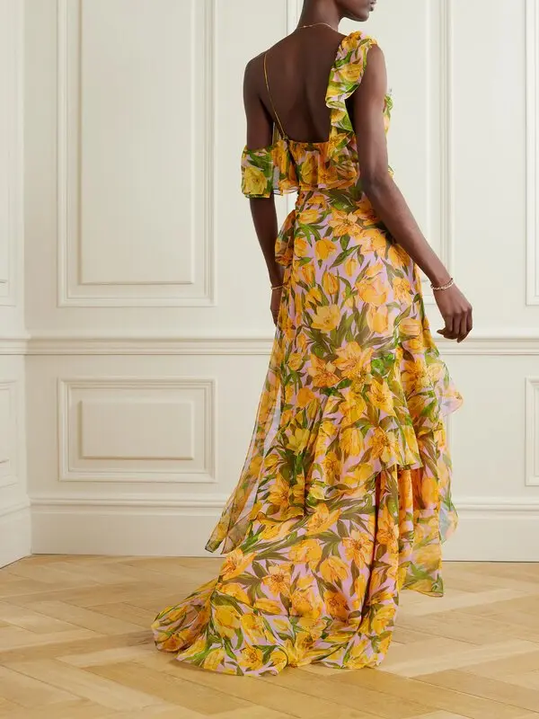 Carolina Herrera One-shoulder Ruffled Floral-print Silk-chiffon Gown