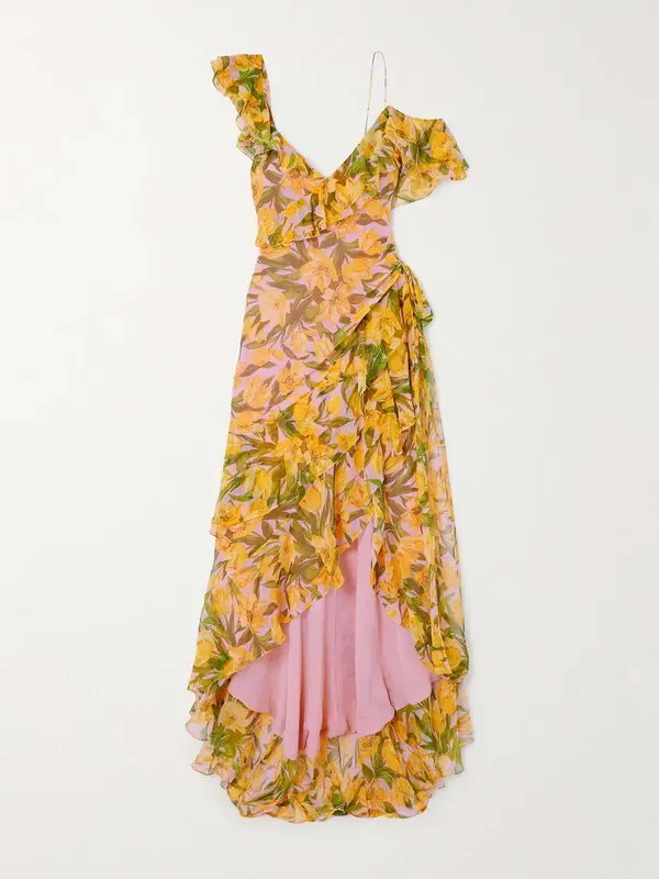 Carolina Herrera One-shoulder Ruffled Floral-print Silk-chiffon Gown