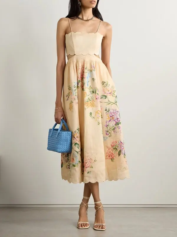 Zimmermann Halliday Cutout Scalloped Floral-Print Linen Midi Dress In Cream  - 40% Off | Editorialist