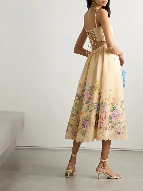 Zimmermann Halliday Cutout Scalloped Floral-Print Linen Midi Dress In Cream  - 40% Off | Editorialist