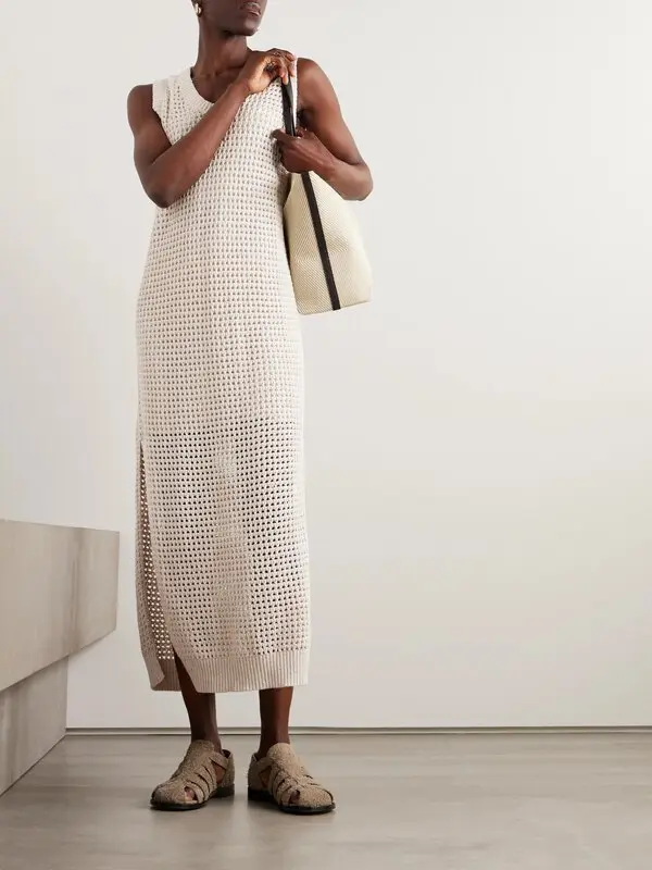 Sequin-embellished Open-knit Midi Dress - Ivory