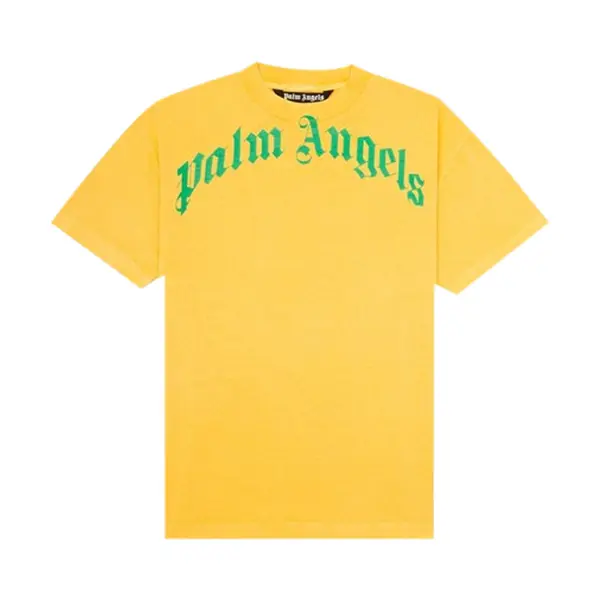 Palm Angels Vintage Wash Curved Logo Tee /green - Yellow