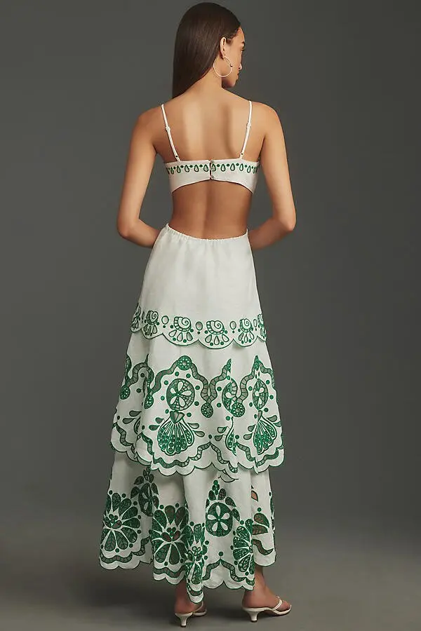 farm rio flower richelieu linen midi dress Off-White Flower Richelieu Midi Dress  FARM Rio