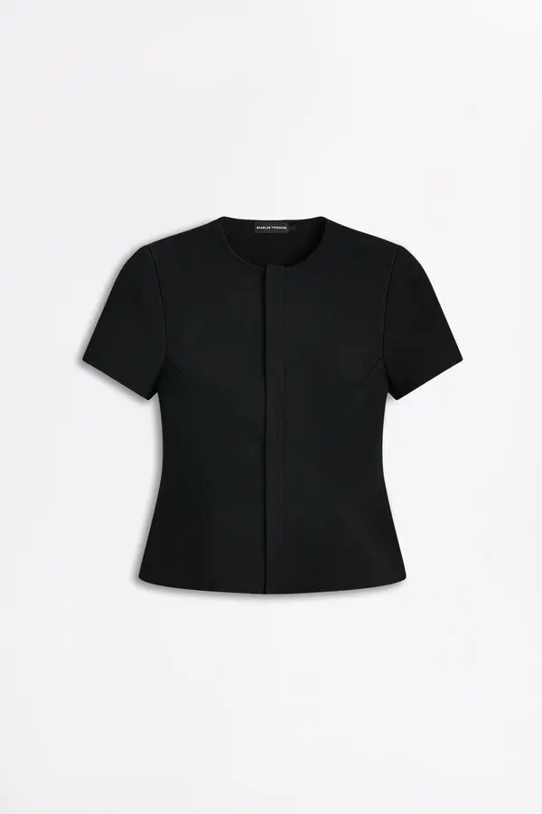 Scanlan Theodore Crepe Knit Short Sleeve Peplum Jacket - Black
