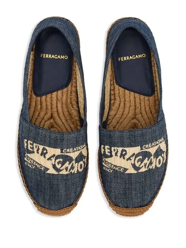 FERRAGAMO Logo-embroidered Denim Espadrilles - Blue