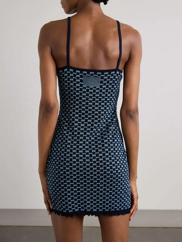 Guest In Residence Ruffled Checked Knitted Cotton And Silk-Blend Mini Dress  In Blue - 50% Off | Editorialist