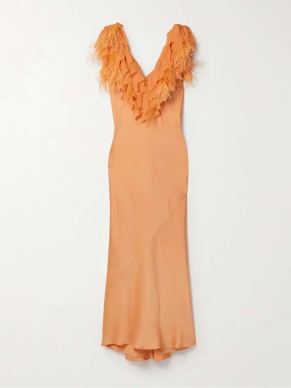 love shack fancy orange dress LoveShackFancy Manota Feather-trimmed Satin Gown in Orange