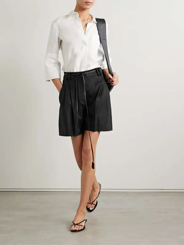 Another Tomorrow Pleated Linen Shorts - Black