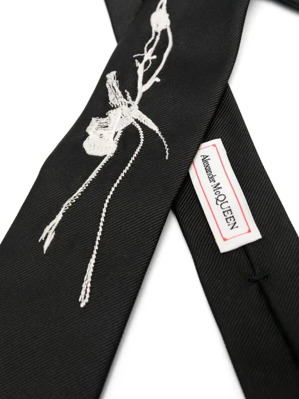 Alexander Mcqueen Floral-Embroidered Tie - Black | Editorialist