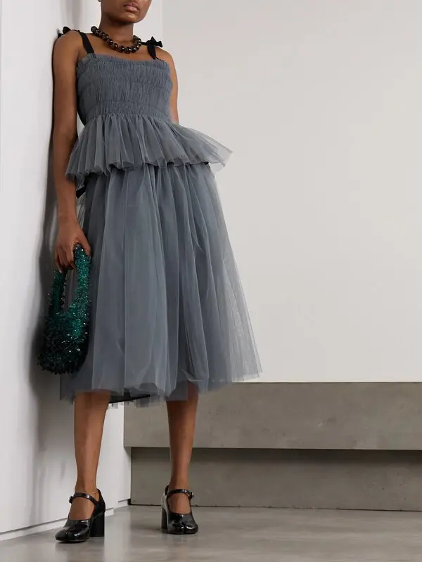 Molly Goddard Lottie Ruffled Grosgrain-Trimmed Tulle Midi Skirt In